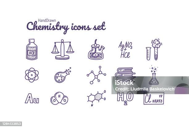Ikon Kimia Diatur Tabung Uji Reaksi Atom Molekul Formula Dan