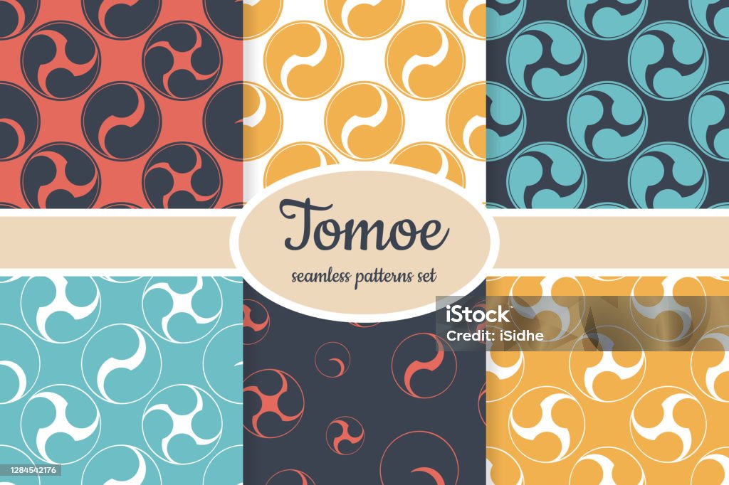 Collection Of Seamless Patterns With Japanese Symbol Tomoe Stock