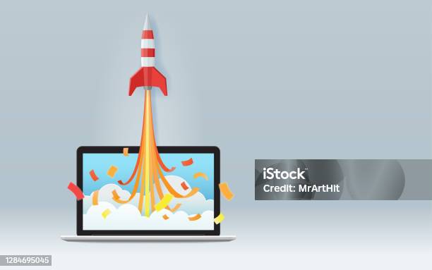 Konsep Proyek Bisnis Startup Dengan Peluncuran Roket Dari Layar Laptop
