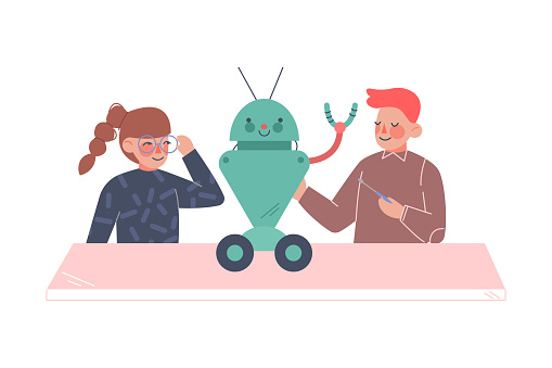 Okul Öğrencileri Oyuncak Robot Erkek Ve Kız Mühendisleri Karakterler ... Okul Öğrencileri Oyuncak Robot Erkek Ve Kız Mühendisleri Karakterler ...