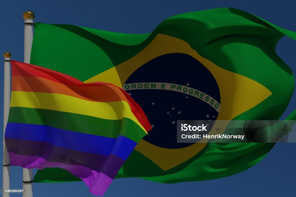Bendera Lgbt Dan Bendera Brasil Di Tiang Melambaikan Tangan Di Angin ... Bendera Lgbt Dan Bendera Brasil Di Tiang Melambaikan Tangan Di Angin ...