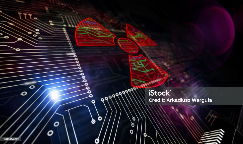 Processor Factory With Burning Cyber Attack With Nuclear Symbol 3d ... Processor Factory With Burning Cyber Attack With Nuclear Symbol 3d ...