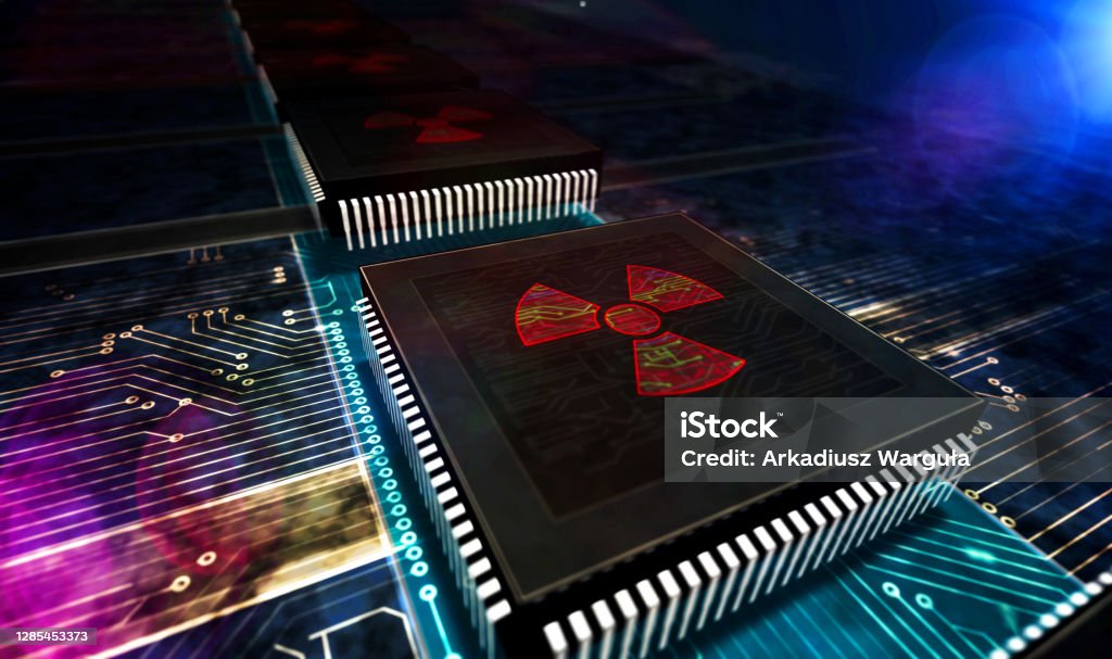 Processor Factory With Burning Cyber Attack With Nuclear Symbol 3d ... Processor Factory With Burning Cyber Attack With Nuclear Symbol 3d ...
