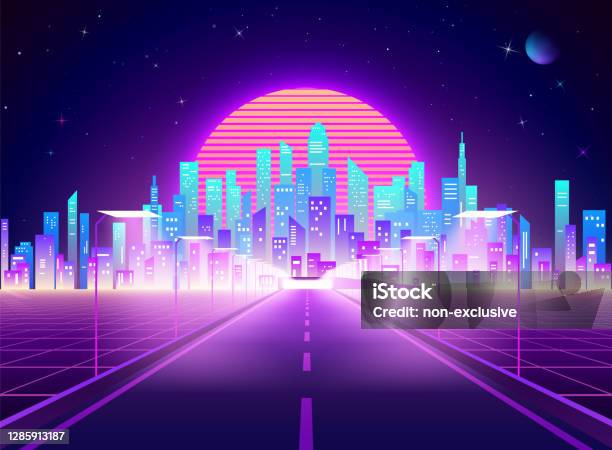 Jalan Raya Ke Kota Futuristik Cyberpunk Lanskap Kota Retro Neon Latar
