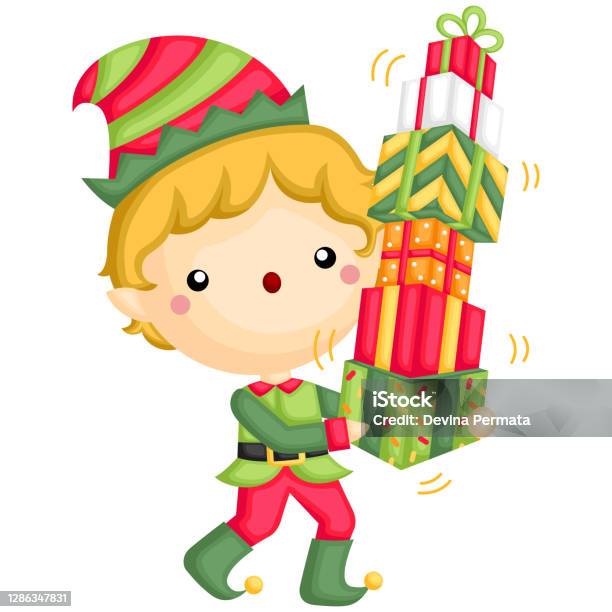 Seorang Vektor Bocah Imut Dengan Kostum Elf Memegang Kotak Hadiah Goyah ... Seorang Vektor Bocah Imut Dengan Kostum Elf Memegang Kotak Hadiah Goyah ...