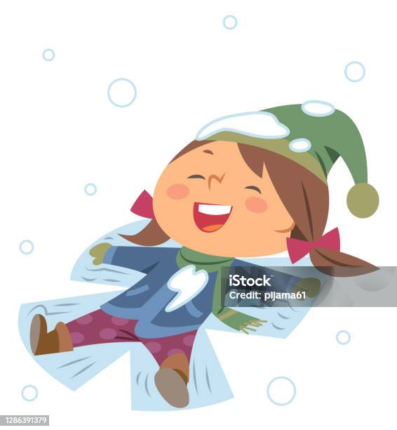Vetores De Garota Sorridente Fazendo Anjo De Neve Deitada Na Neve Espalhando Braços E Pernas