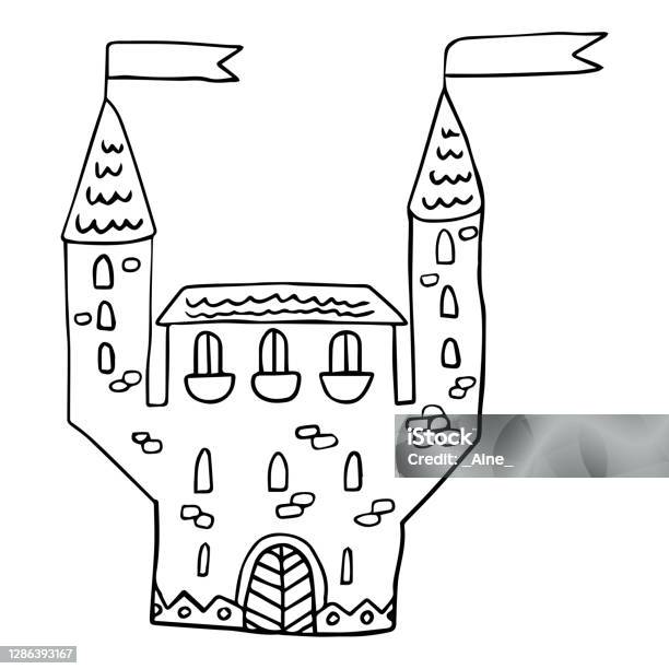 Kartun Linear Doodle Retro Castle Dengan Bendera Terisolasi Di Latar