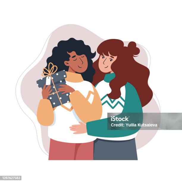 Dua Gadis Memeluk Dan Memegang Hadiah Ilustrasi Vektor Dalam Gaya Datar ... Dua Gadis Memeluk Dan Memegang Hadiah Ilustrasi Vektor Dalam Gaya Datar ...