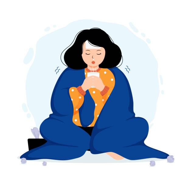 Sick Person On Bed With Blanket Treatment Flat Common Cold Flu Virus