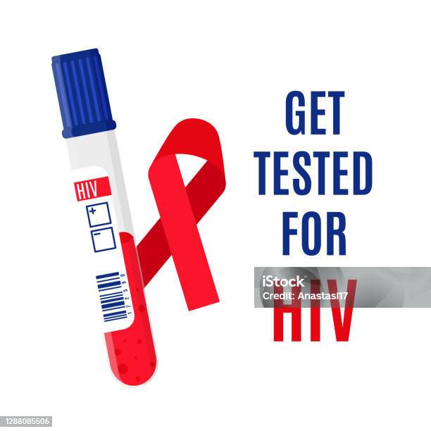 Spanduk Vektor Dengan Pita Merah Tabung Uji Dengan Tes Darah Untuk Hiv