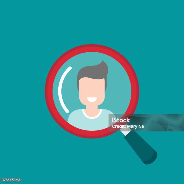 Recruitment Icon Red Magnifier With Human Isolated On Blue Magnifying