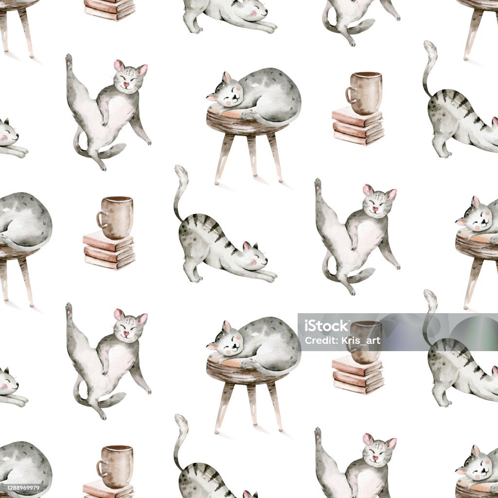 Aquarell Nahtlose Muster Mit Niedlichen Cartoon Katzen Für Kinder Auf ... Aquarell Nahtlose Muster Mit Niedlichen Cartoon Katzen Für Kinder Auf ...