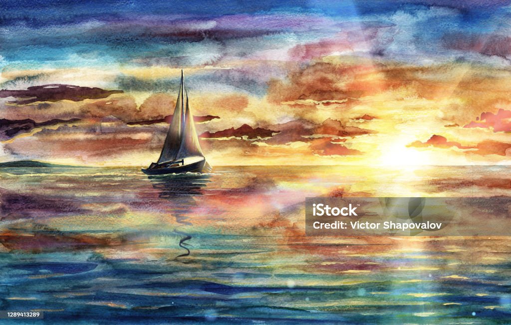 Beautiful Watercolor Sea Landscape Illustration With Sunset Sky And