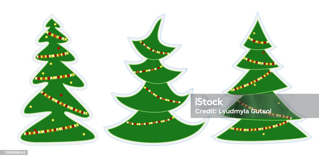 Set Tiga Kartun Pohon Natal Pohon Xmas Dihiasi Dengan Karangan Bunga