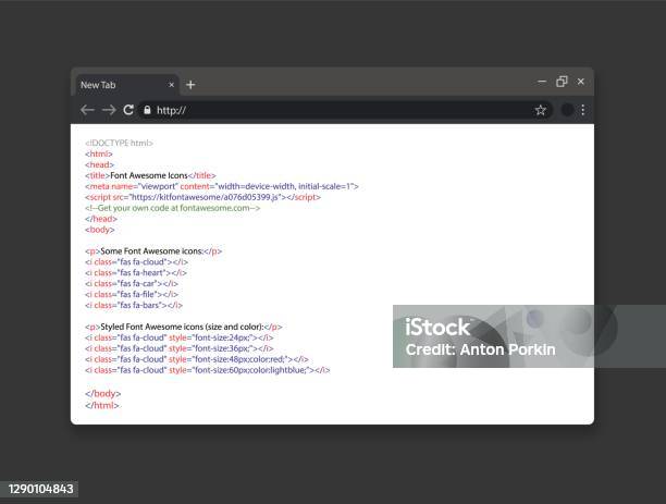 Css 코드가 있는 사실적인 브라우저 창입니다 웹 페이지에서 간단한 Html 코드 스크립트 코딩 또는 프로그래밍 웹 사이트 벡터