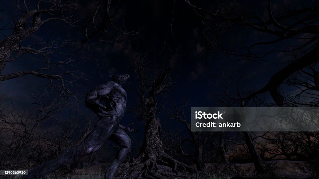 Illustration Of A Werewolf During The Night In The Creepy Forest Stock