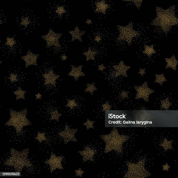 Gold Stars On Black Background Seamless Pattern Stock Illustration