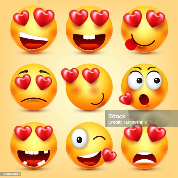 Emoji Souriant Avec Lensemble De Vecteur De Coeur Rouge Visage Jaune