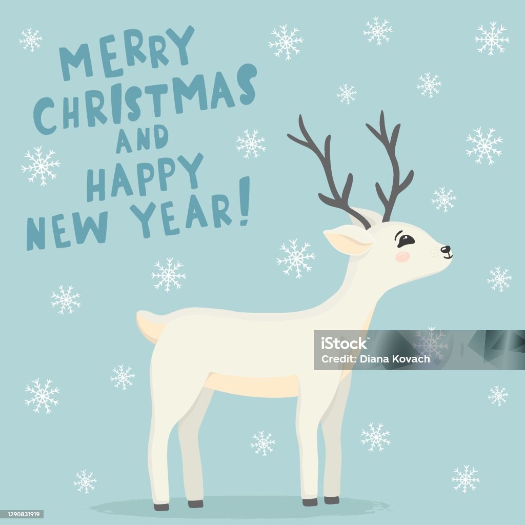 Ilustrasi Sketsa Yang Digambar Tangan Rusa Natal Melihat Kepingan Salju Surati Selamat Natal Dan