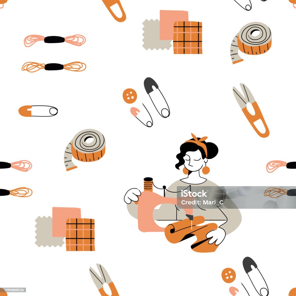 Seamless Pattern Inspired By The Love Of Sewing Stock Illustration