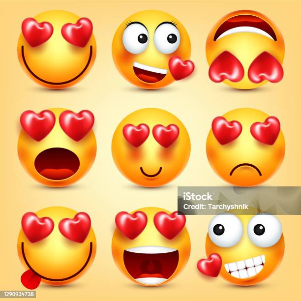 Smiley Emoji Met Rode Hart Vector Set Valentijnsdag Gele Cartoon Emoticons Gezicht Liefde Gevoel