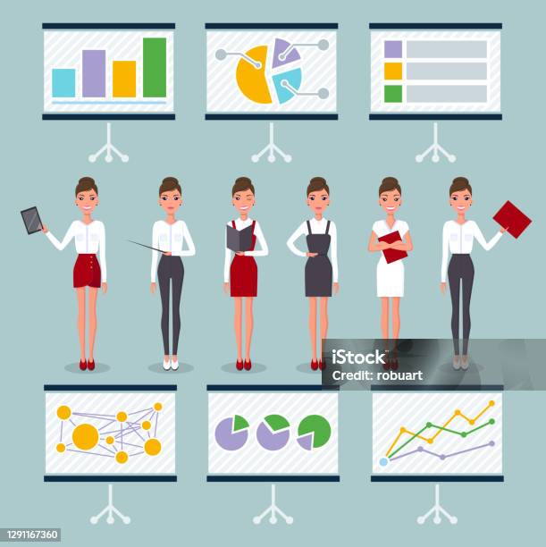 Wanita Bisnis Dalam Pose Dan Set Flipchart Yang Berbeda Wanita Muda