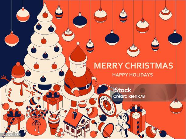 Latar Belakang Natal Dengan Mainan Lucu Isometrik Lucu Santa Dan Rumah