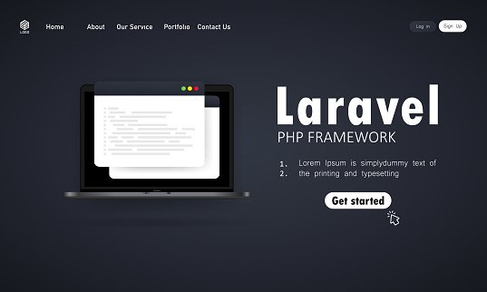 랩톱 화면에서 Laravel Php Framework 프로그래밍 언어를 코딩하고 언어 코드 일러스트레이션을 프로그래밍하는 방법을