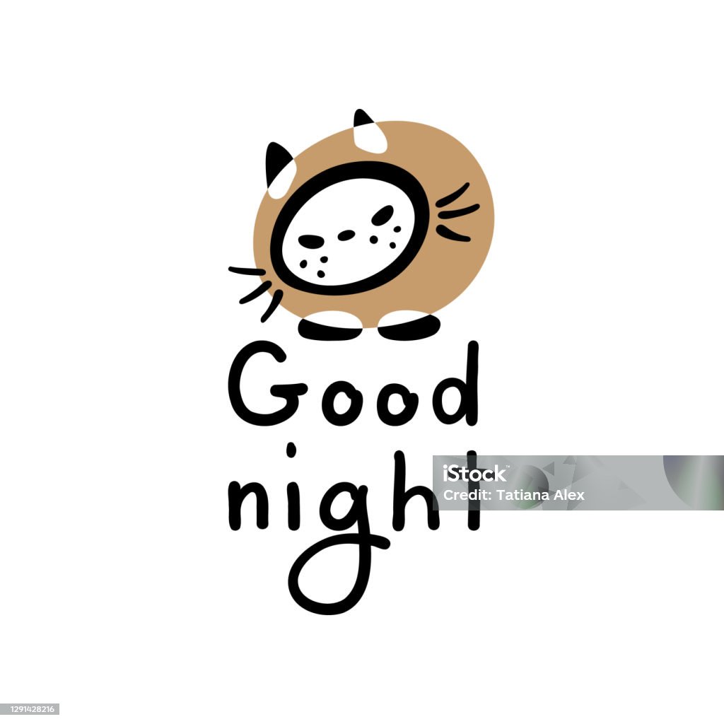 Cat Icon And Good Night Lettering Handdrawn Cartoon Collection Vector Illustration Stock