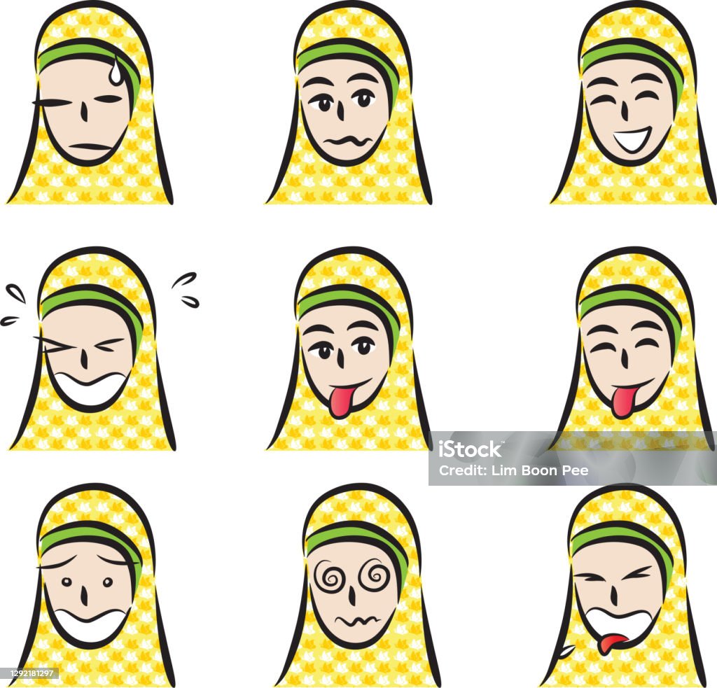 Vector Cartoon Emoji Girl With Headscarf Set Stock Illustration
