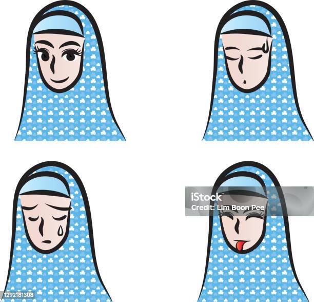 Vector Cartoon Emoji Girl With Headscarf Set Stock Illustration