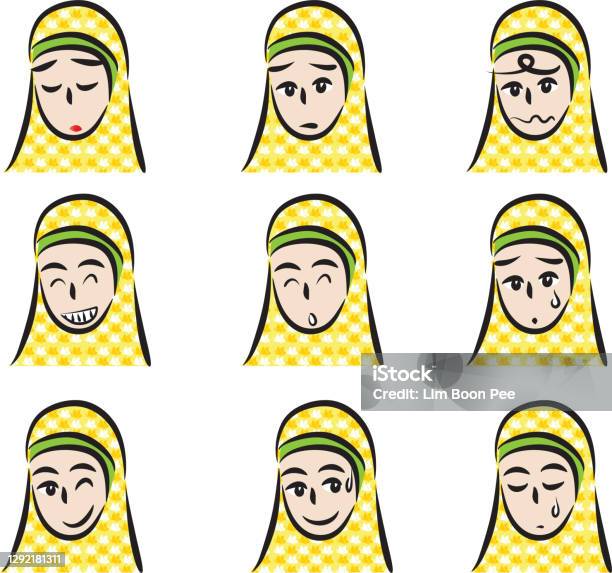 Vector Cartoon Emoji Girl With Headscarf Set Stock Illustration