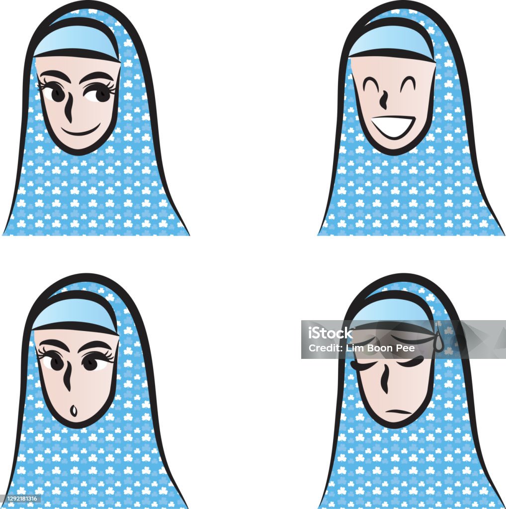 Vector Cartoon Emoji Girl With Headscarf Set Stock Illustration
