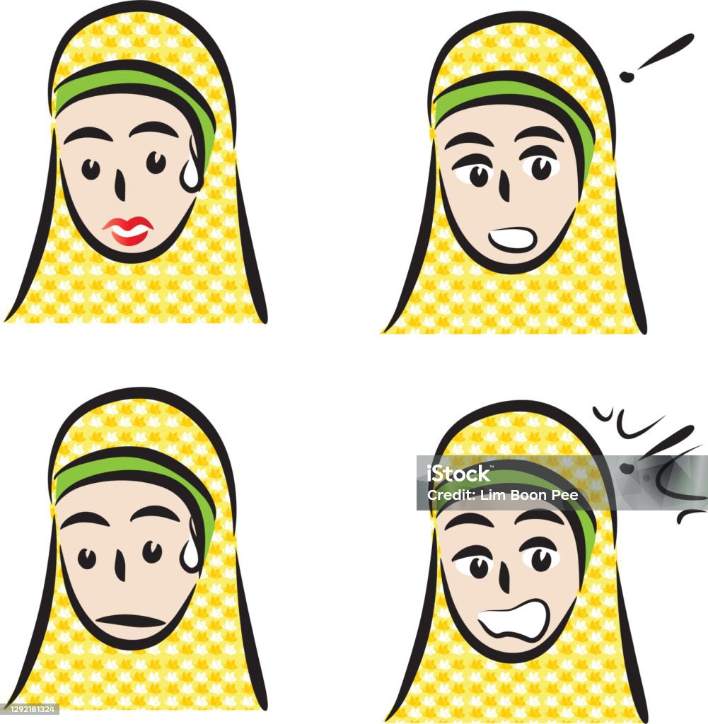 Vector Cartoon Emoji Girl With Headscarf Set Stock Illustration