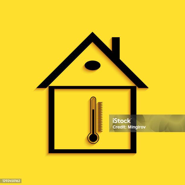 Ikon Suhu Rumah Hitam Terisolasi Pada Latar Belakang Kuning Ikon