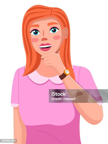 Portrait Of A Young Woman With Red Long Hair Wearing Pink Dress Cute