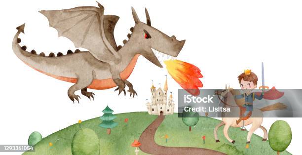 Illustration Prince Lutte Agains Dragon Beau Château De Conte De Fées