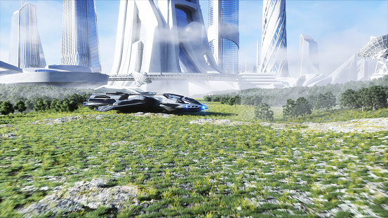 Kapal Futuristik Dan Kota Konsep Masa Depan Tampilan Udara Rendering 3d