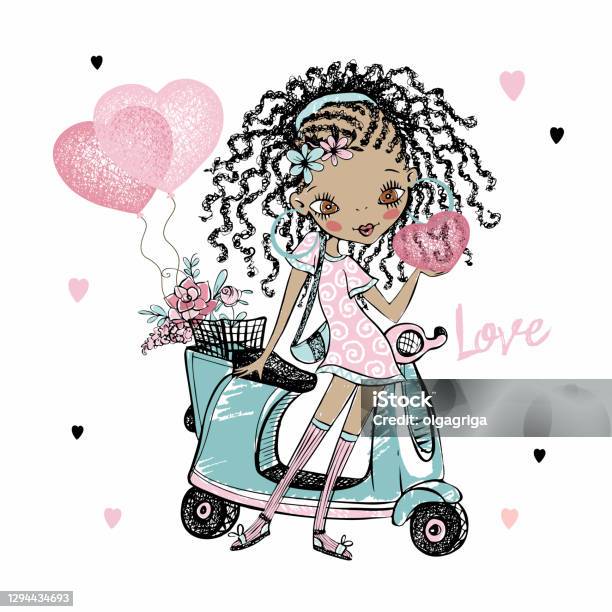 Cute Darkskinned Teen Girl With Dreadlocks Stands Near Her Scooter With