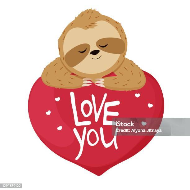 Sloth Bära Sova På Stort Hjärta Text Love You I Tecknad Stil Isolerade