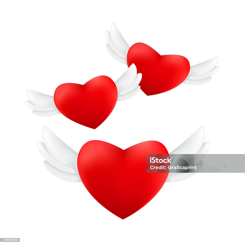 Ensemble Des Coeurs Rouges De Vol Avec Des Ailes Dange Disolement Sur