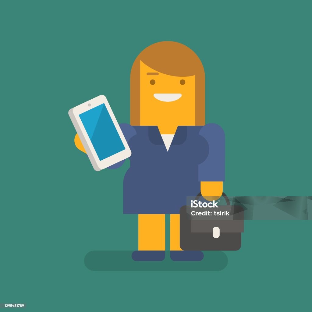 Business Woman Holding Mobile Phone Suitcase And Smiling Vector