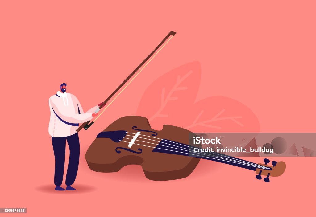 Karakter Musisi Kecil Dengan Biola Besar Dan Busur Man Dengan String