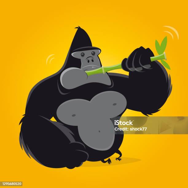 Lucu Kartun Gorila Makan Ilustrasi Vektor Bambu Ilustrasi Stok Unduh