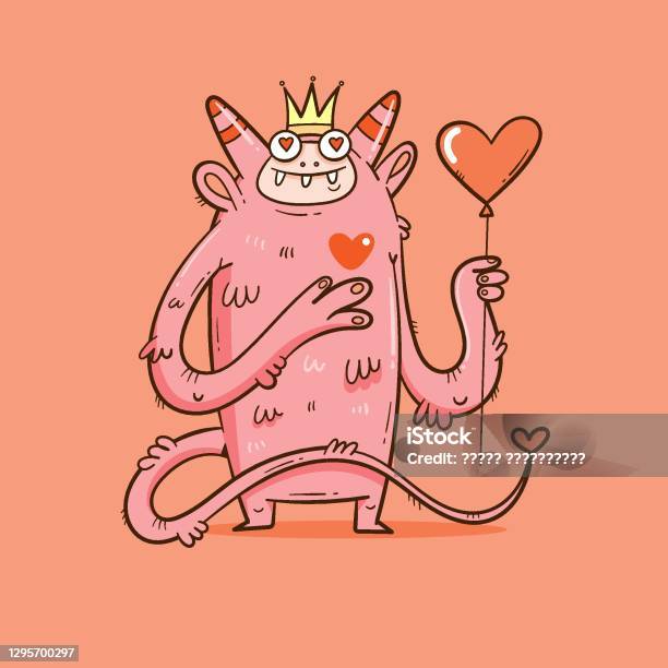 Kartu Hari Valentine Dengan Monster Kartun Lucu Dan Balon Salam Cetak