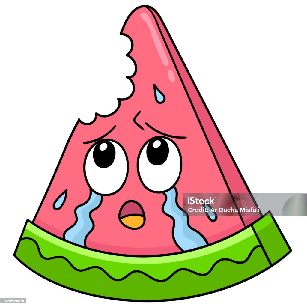 Semangka Yang Telah Digigit Dengan Wajah Sedih Menangis Karakter Lucu Doodle Draw Ilustrasi