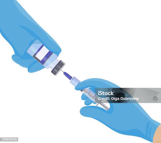 Jarum Suntik Dan Botol Obat Tangan Dokter Dengan Sarung Tangan Medis