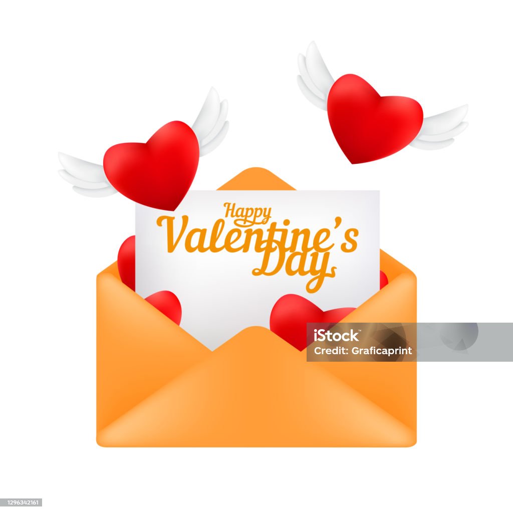 Enveloppe Avec Une Lettre Et Coeurs Rouges Volants Avec Des Ailes Dange