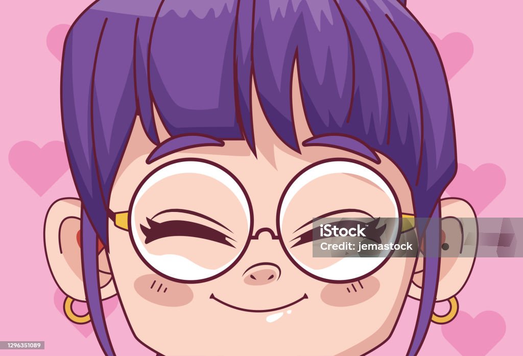 Gadis Kecil Lucu Dengan Kacamata Komik Karakter Manga Ilustrasi Stok