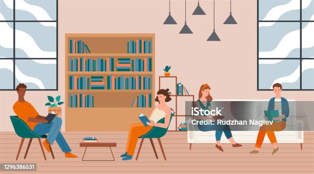 Kütüphanede Oturan Ve Kitap Okuyan Erkek Ve Kadın Karakterler Stok